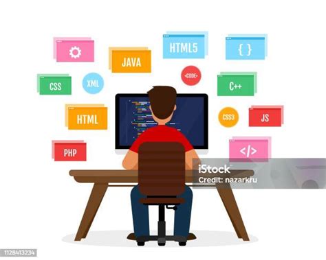 컴퓨터를 다시 보기에서 작업 하는 프로그래머 프로그래밍 하 고 엔지니어링 개념입니다 벡터 그림을 흰색 배경에 고립입니다 Eps