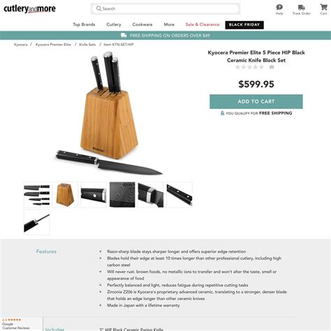 Kyocera Premier Elite Hip Black Ceramic Knife Block Set 5 Piece