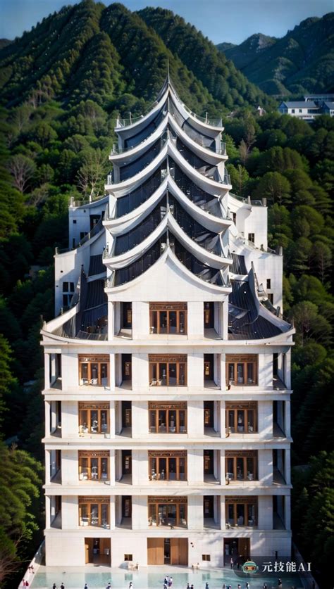 Ai提示词：位于水乡古镇的中心地带，院舍建筑拔地而起，气势恢宏，气势恢弘。它的复合造型融合了传统和现代设计，提供了一个独特的视角，捕捉到了过去和现在的精髓。从上面看，建筑立面的复杂图案和角度尽