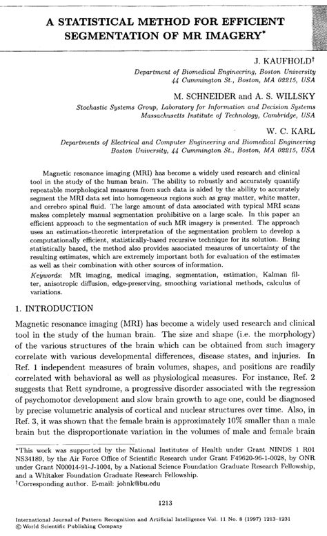 Pdf A Statistical Method For Efficient Segmentation Of Mr Imagery