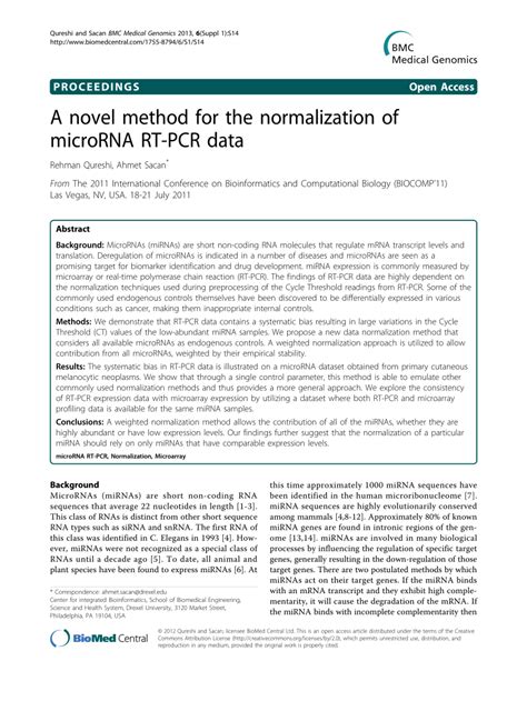 Pdf A Novel Method For The Normalization Of Microrna Rt Pcr Data