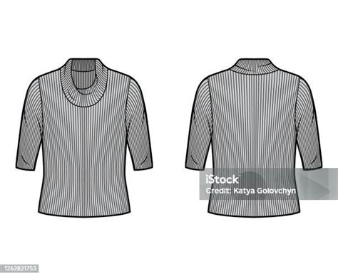 리브드 카울 터틀넥 니트 스웨터 테크니컬 패션 일러스트와 팔꿈치 소매 오버사이즈 바디 0명에 대한 스톡 벡터 아트 및 기타