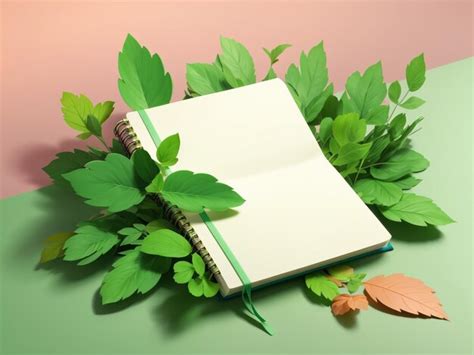 fresh spring green leaves with blank notebook diary premium ai generated image