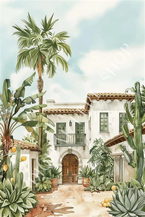 California Villa Watercolor Clipart Santa Barbara Resort Art Digital