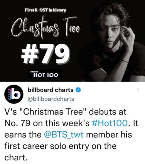방탄소년단 뷔 Christmas Tree 美 빌보드 핫 100 79위 등극 텐아시아