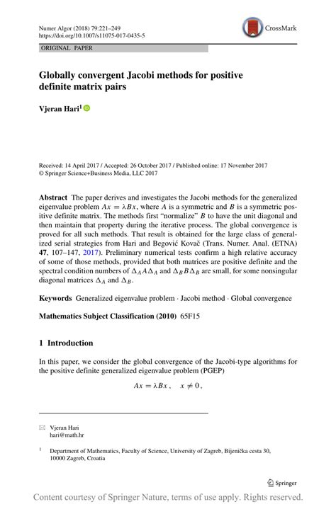 Globally Convergent Jacobi Methods For Positive Definite Matrix Pairs Request Pdf
