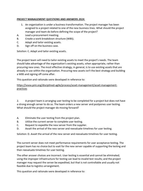 Project Management Questions And Answers 2024 Pdf Risk Scrum Software Development