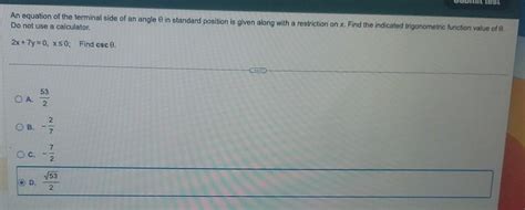 Solved An equation of the terminal side of an angle θ in Chegg com