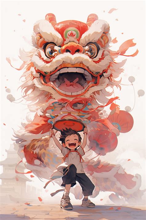 传统文化国风舞狮少年庆祝插画图片