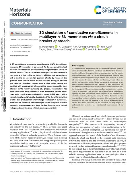 Pdf 3d Simulation Of Conductive Nanofilaments In Multilayer H Bn Memristors Via A Circuit