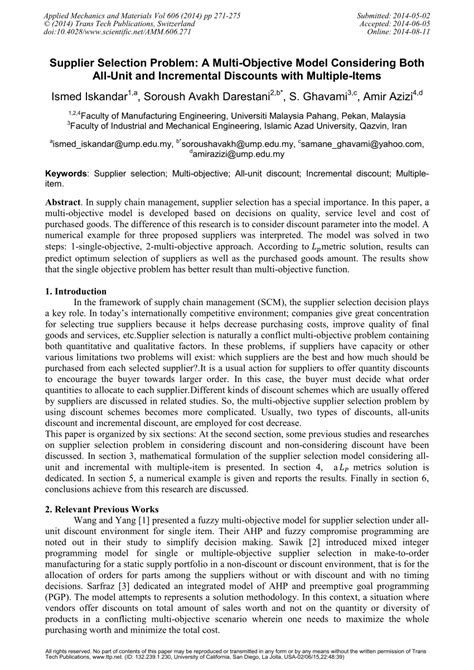 Pdf Supplier Selection Problem A Multi Objective Model Considering Both All Unit And