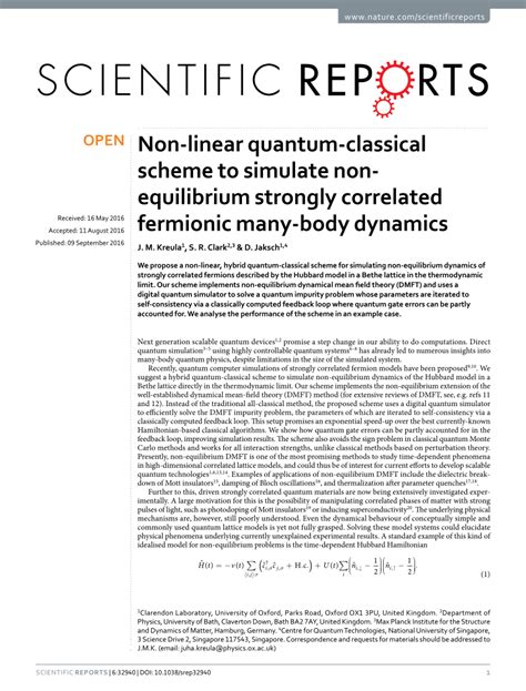 Pdf Non Linear Quantum Classical Scheme To Simulate Non Equilibrium Strongly Correlated