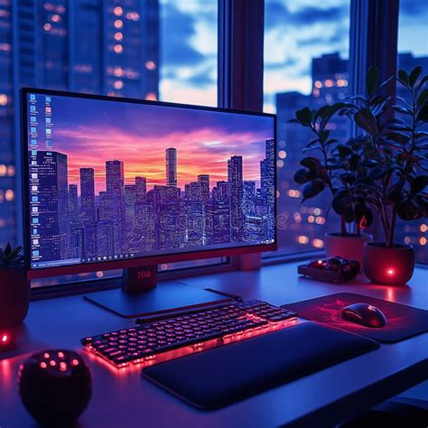 A Workspace With A Computer Monitor Keyboard And Mouse Placed On A Desk Stock Illustration