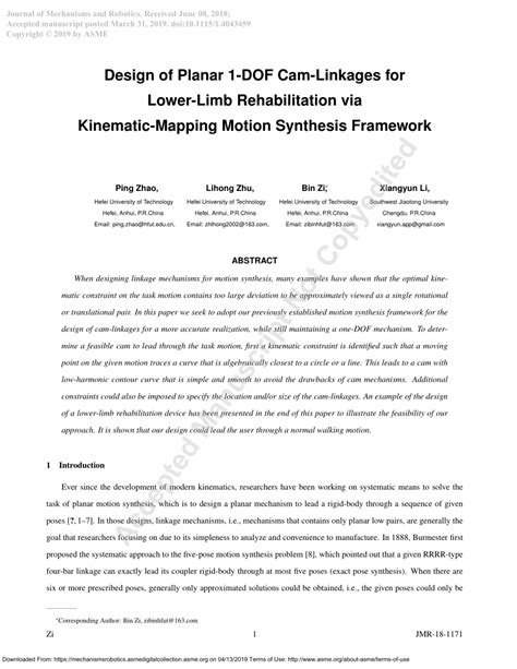 Pdf Design Of Planar 1 Dof Cam Linkages For Lower Limb Rehabilitation Via Kinematic Mapping