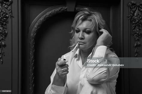 Portrait Photo Cute Middle Aged 45 Years Old Blonde Woman In Domestic