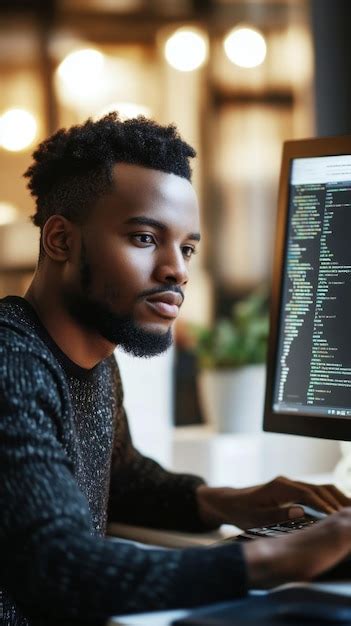 Realistic Image Of Developer Typing Code At Laptop Premium Ai