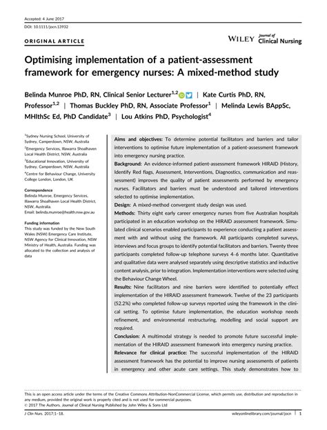 Pdf Optimising Implementation Of A Patient Assessment Framework For Emergency Nurses A Mixed