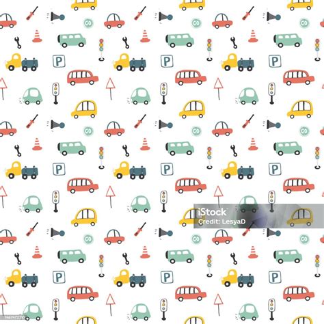 귀여운 자동차 원활한 패턴 만화 교통 낙서 배경 벡터 일러스트 교통에 대한 스톡 벡터 아트 및 기타 이미지 교통 귀여운 기계공 Istock