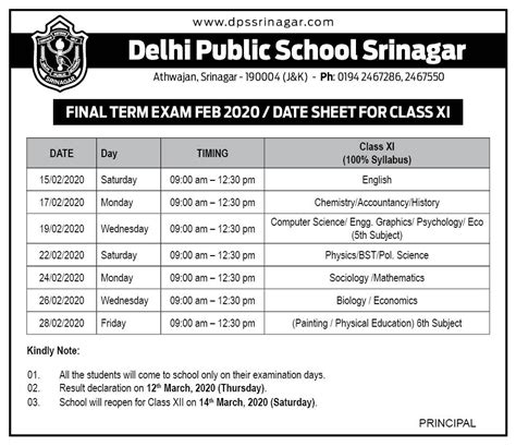 Final Exam Datesheet For Class 11th Feb 2020 Delhi Public School