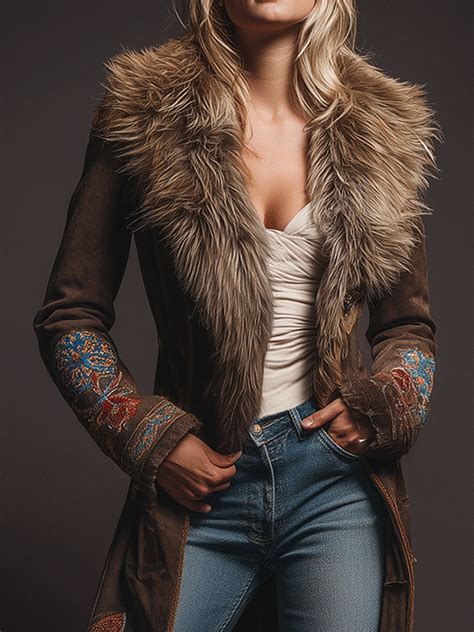 Retro Boho Brown Eleganceembroidered Faux Fur Collar Long Coat Bcshared