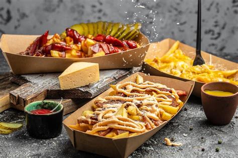 Fries Food Unhealthy Tasty Grilled French Fries With Cheese And Bacon In Paper Plate Street