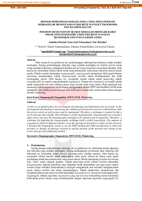 Pdf Deteksi Posisi Pesan Rahasia Pada Citra Steganografi Berbasis Lsb Menggunakan Discrete