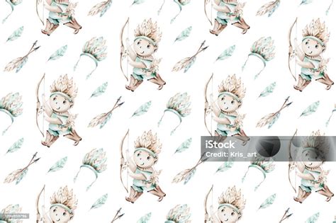 서양 아기 소년 카우보이 원활한 패턴과 티피 텐트 수채화 일러스트 만화와 미국 부족 티피 간호사 루 디자인 와일드 웨스트 생일 초대장 카우보이에 대한 스톡 벡터 아트 및