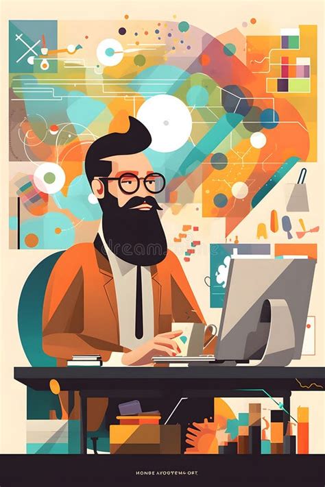 Man Sitting At Desk With Computer And Cup Of Coffee Generative Ai Stock Illustration
