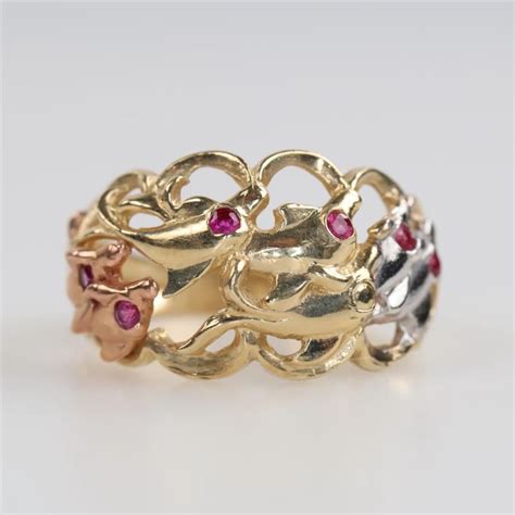 10kt Tri Colored Gold Red Stone Dolphin Ring Property Room