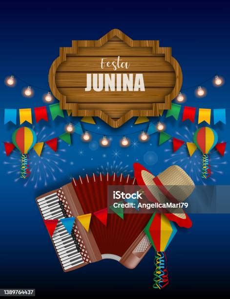 페스타 주니나 포스터 화려한 페넌트와 브라질 요소와 브라질 6 월 축제 배경 아코디언 악기에 대한 스톡 벡터 아트 및 기타 이미지 아코디언 악기 주니나 축제 0명