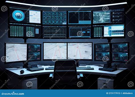 Surveillance Room With Multiple Monitors Showing Different Views Of The Same Location Stock