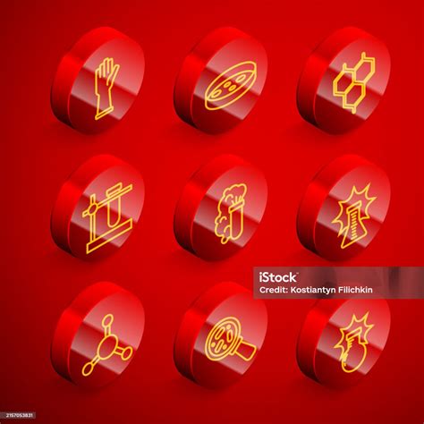 세트 라인 의료 고무 장갑 박테리아와 페트리 접시 화학식 스탠드에 시험관 플라스크 폭발 분자 및 돋보기 아이콘 아래 미생물 벡터 3차원 형태에 대한 스톡 벡터 아트 및 기타