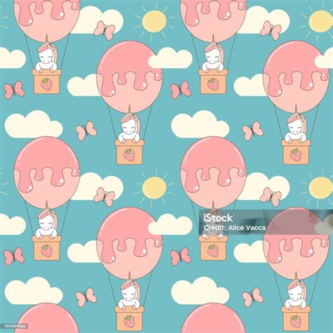 하늘에 공기 풍선 비행 유니콘과 귀여운 만화 원활한 벡터 패턴 배경 그림 0명에 대한 스톡 벡터 아트 및 기타 이미지 0명 구름 귀여운 Istock