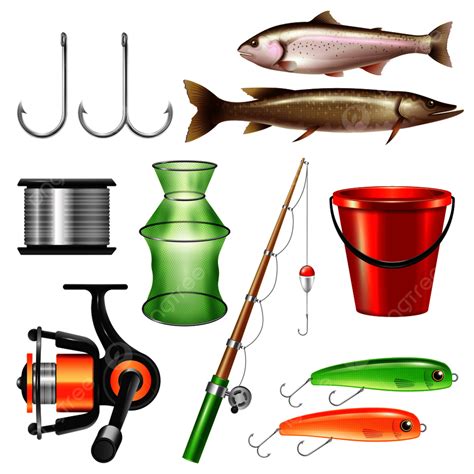 Gambar Set Peralatan Memancing Yang Realistik, Cangkuk, Hiasan, Gulung ...
