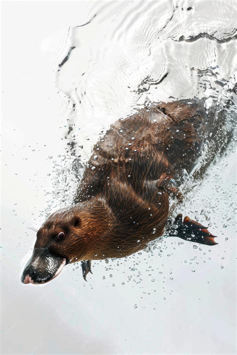 Platypus Swimming In Water With Splashes On White Background Premium