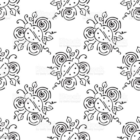 벡터 곤충과 꽃 그림입니다 꽃 잎 장식 요소 손으로 그린 등고선과 뇌졸중 낙서 스타일 그래픽 일러스트와 무당벌레와 흑인과 백인 원활한 패턴 검은색에 대한 스톡 벡터 아트 및