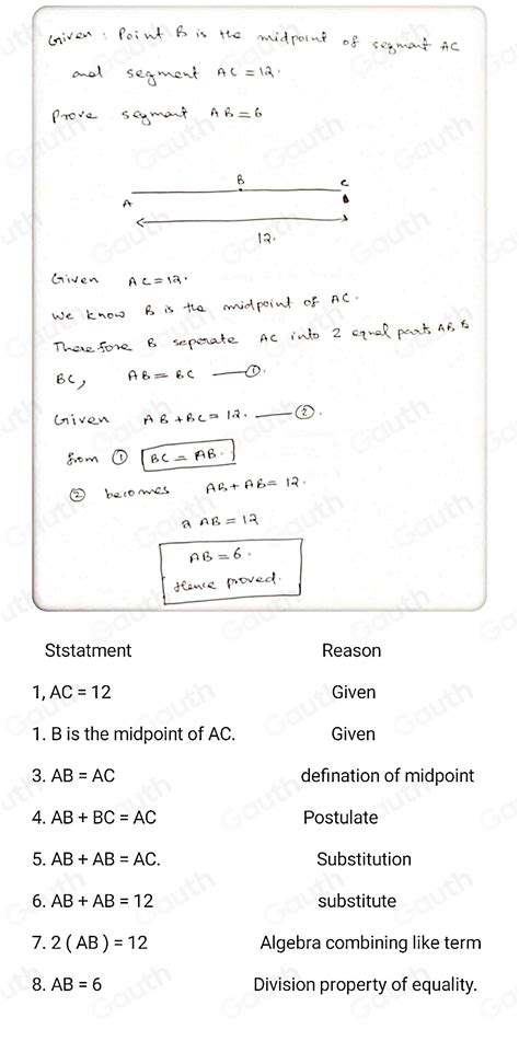 Solved Complete The Proof Given Point B Is The Midpoint Of Segment AC And Segment AC Prove