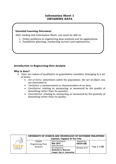 Engineering Data Analysis Lesson 01 USTP Studocu