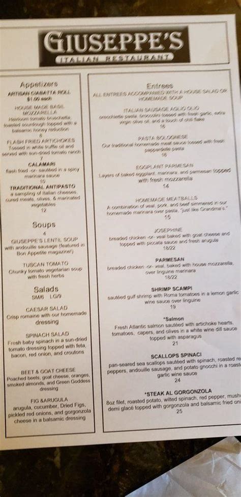 Menu At Giuseppes Italian Restaurant Williamsburg