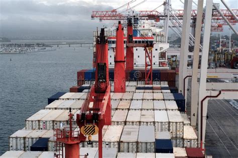 Container Ship With Cranes During Cargo Operation Loading And Discharging By Gantry Cranes