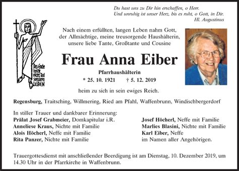Traueranzeigen Von Anna Eiber Mittelbayerische Trauer