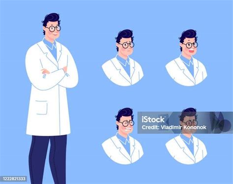 다양한 감정의 의사 캐릭터 디자인 세트입니다 플랫 만화 스타일의 벡터 일러스트레이션 의사에 대한 스톡 벡터 아트 및 기타 이미지 의사 등장인물 건강관리와 의술