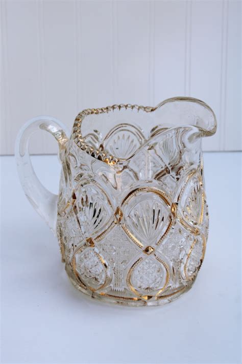 1890s Eapg Pitcher Northwood Crystal Queen Large Jug W Gold Antique