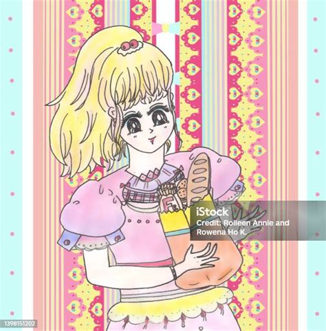 밝은 미소 금발 어린 소녀 Shoujo 애니메이션 만화 스타일 식료품과 다채로운 배경 일러스트 레이 션 2022 2022년에 대한 스톡 벡터 아트 및 기타 이미지 Istock