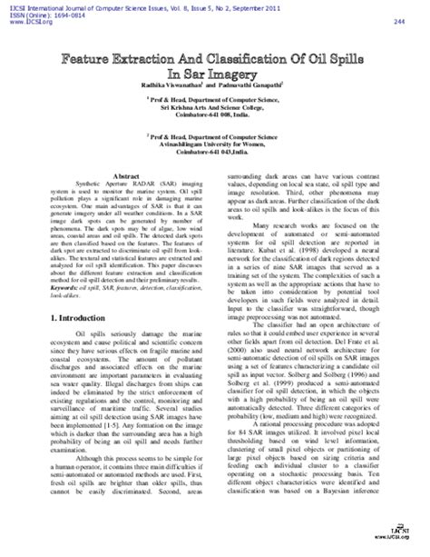 Pdf Feature Extraction And Classification Of Oil Spills In Sar Imagery