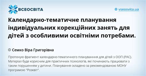 Календарно тематичне планування індивідуальних корекційних занять для дітей з особливими