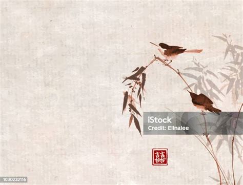 빈티지 배경에 대나무 가지에 앉아 두 개의 작은 새 전통적인 동양 잉크 그림 Sumie U죄가 화 상형 문자더블 행운 0명에 대한 스톡 벡터 아트 및 기타 이미지 Istock