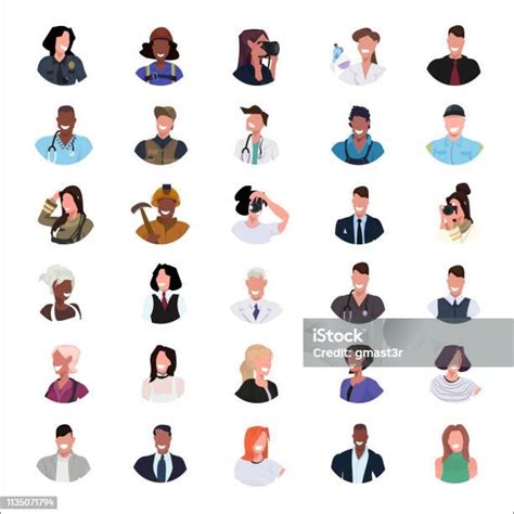 세트 믹스 레이스 사람들 다른 직업 얼굴 아바타 컬렉션 흰색 배경 남성 여성 만화 캐릭터 초상화 플랫 다양한 직업에 대한 스톡 벡터 아트 및 기타 이미지 Istock