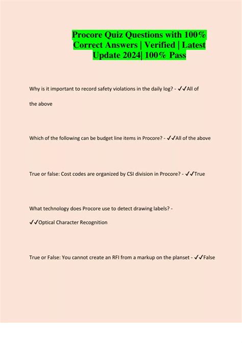 Procore Quiz Questions With 100 Correct Answers Verified Latest Update 2024 100 Pass
