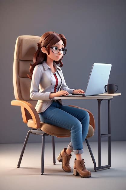 Premium Photo 3d Female Character Working On Laptop While Sitting In
